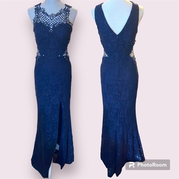 Jodi Kristopher | Dresses | Jodi Kristopher Bejeweled Navy Lace Long ...